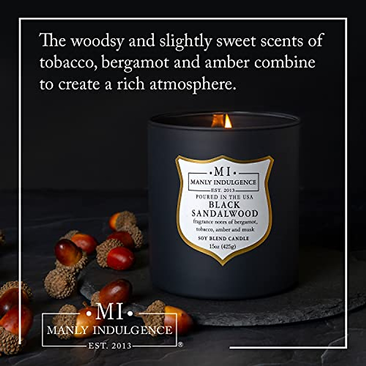Manly Indulgence Scented Jar Candle, Black Sandalwood, Signature Collection, Soy Wax Blend, Wooden Wick, 15 Oz, Single (Bergamot, Tobacco, Amber & Musk)
