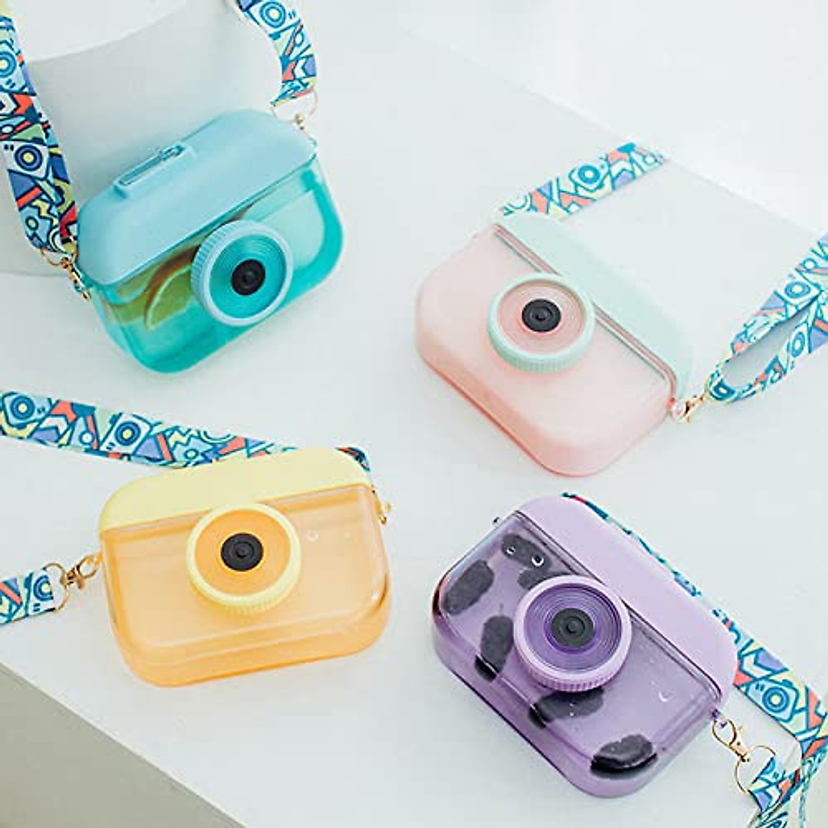 ORIJOYNA 13 oz Cute Water Bottle with Straw - Camera Shape Water Cup with Adjustable Shoulder Straps - Ideal Kawaii Gift for School (Blue)