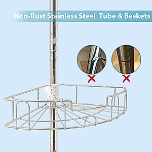 Tension Shower Caddy , Stainless Steel Corner Shower Caddy Stand Storage Organizer with Rustproof Tension Pole for Bathroom Bathtub Shampoo Soap Plants, 4 Tier Adjustable Shelves, 54 to 125 Inch