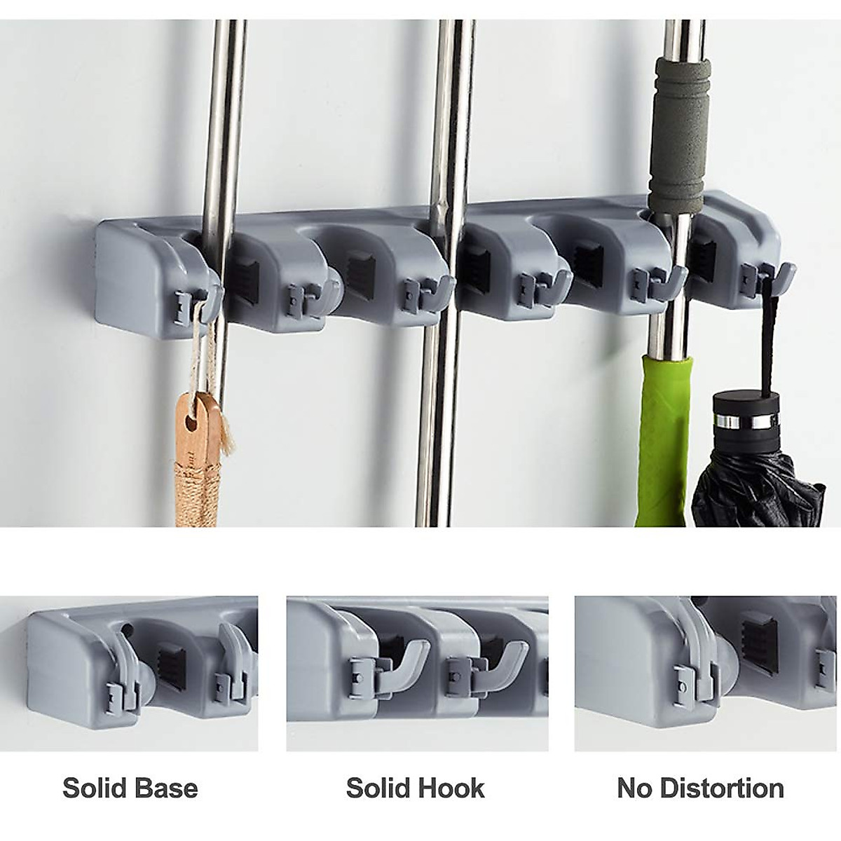 Broom Mop Rack and Garden Tool Storage Rack, ABS Material, Wardrobe Storage, Kitchen Rack, Home Finishing and Garage Storage Rack, Suitable for Rake or Mop Handle, 5 Handle Slots and 6 Hooks (Gray)