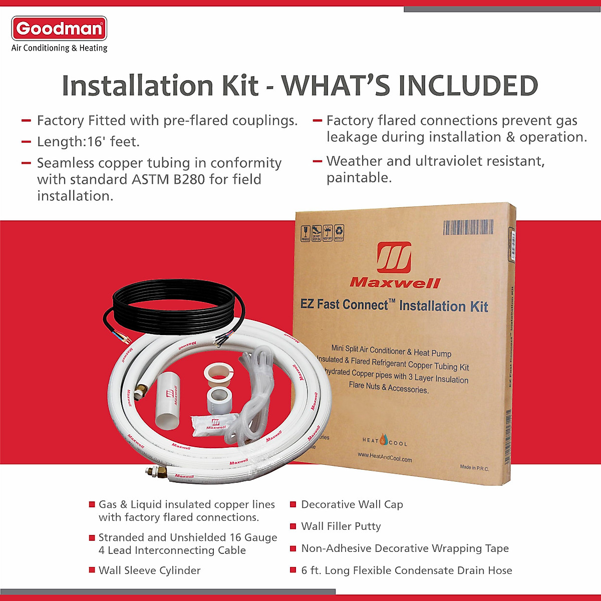 Goodman 18,000 BTU 18 SEER2 Ductless Mini Split Inverter Heat Pump System with Maxwell 15-ft Installation Kit and Wall Mounting Bracket (230v)