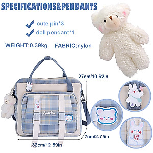 Dcepem Kawaii Backpack with Bear Pins and Plush Accessories Ita Bag Tote Back Japanese Handbag School Bag for Girls&women(blue)