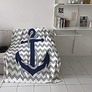 Flannel Fleece Luxury Lightweight Cozy Couch/Bed Super Soft Warm Plush Microfiber Throw Blanket,Nautical Navy Anchor with Gray and White Chevron (40 x 50 Inches)