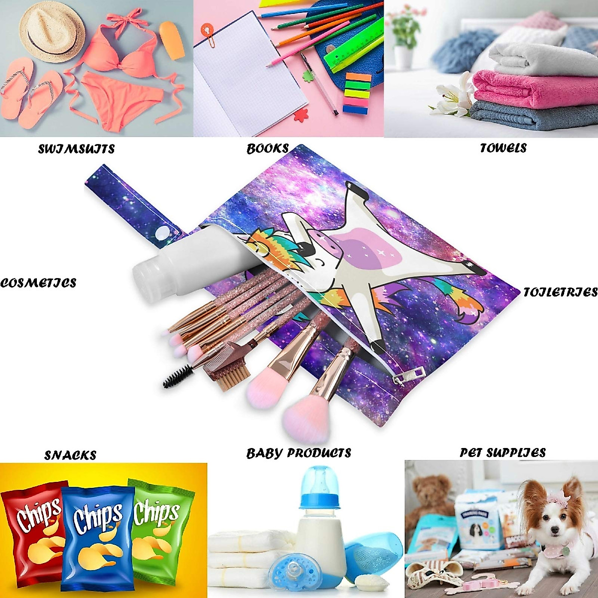 visesunny Fun Unicorn Galaxy Night Print 2Pcs Wet Bag with Zippered Pockets Washable Reusable Roomy for Travel,Beach,Pool,Daycare,Stroller,Diapers,Dirty Gym Clothes, Wet Swimsuits, Toiletries