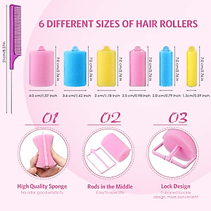 Syhood 56 Pcs Foam Sponge Hair Rollers Soft Sleeping Curler 6 Sizes Flexible Hairdressing Sponge Curler Rat Tail Comb for Hair Styling(Mixed Color)