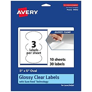 AVERY Glossy Clear Oval Labels, 3" x 5", 30 Labels, Print-to-The-Edge, Laser/Inkjet Printable