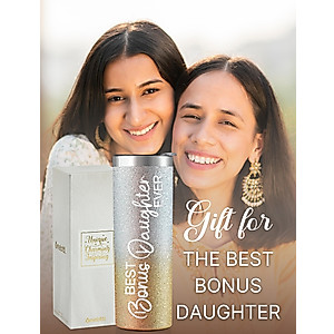 Onebttl Bonus Daughter Gifts - 20oz Stainless Steel Travel Mug with Lid and Straw - Best Daughter Ever (Silver or Gold) for Birthday, Christmas or Thanksgiving