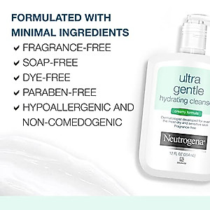 Neutrogena Ultra Gentle Hydrating Daily Facial Cleanser for Sensitive Skin, Acne, Eczema & Rosacea, Oil-Free, Soap-Free, Hypoallergenic & Non-Comedogenic Creamy Face Wash, 12 fl. oz