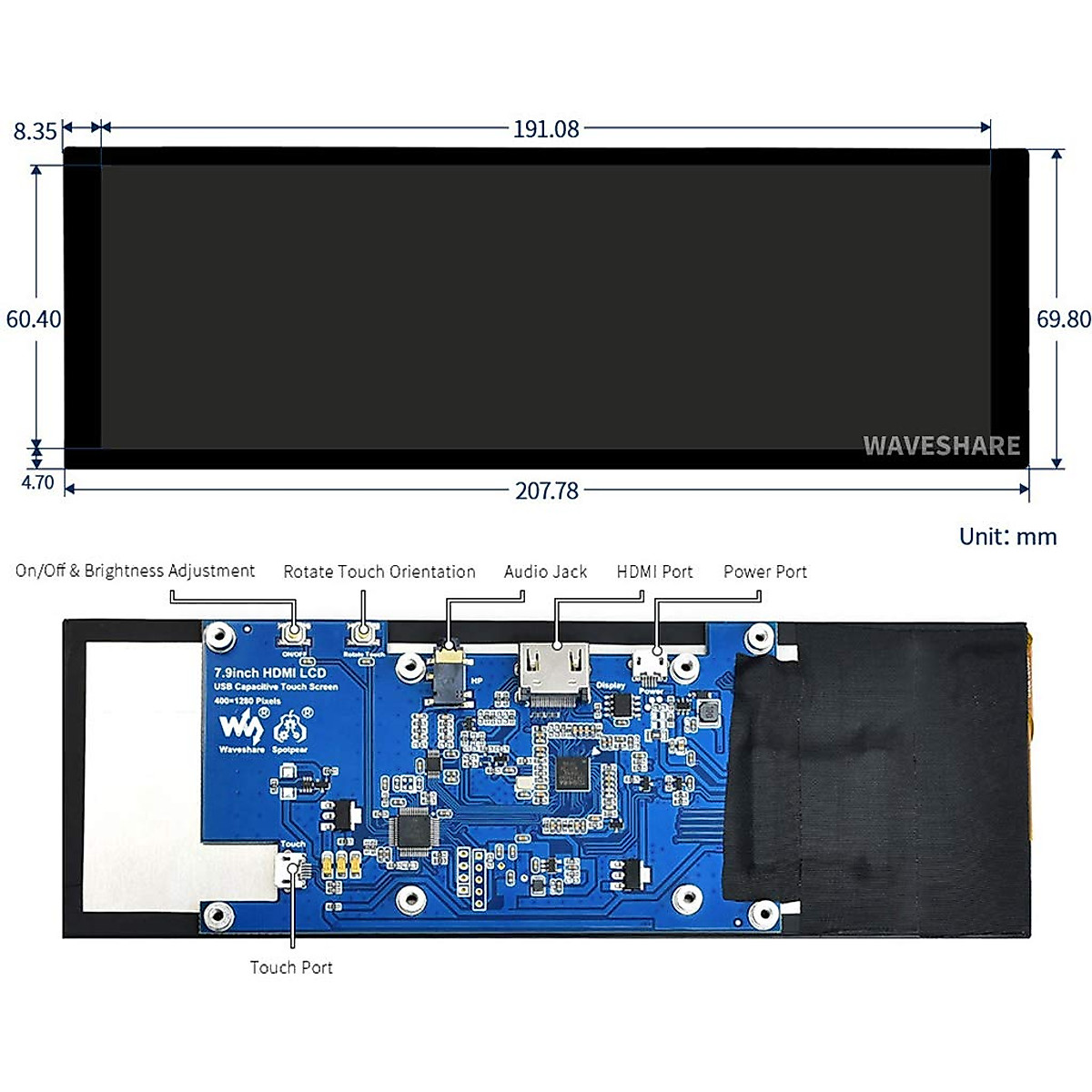 Waveshare 7.9inch Capacitive Touch Screen LCD Compatible with Raspberry Pi 5/4B/3B+/3A+/2B/B+/A+/Zero/Zero W/WH/Zero 2W CM3+/4 400×1280 Resolution HDMI IPS Supports Jetson Nano/Windows