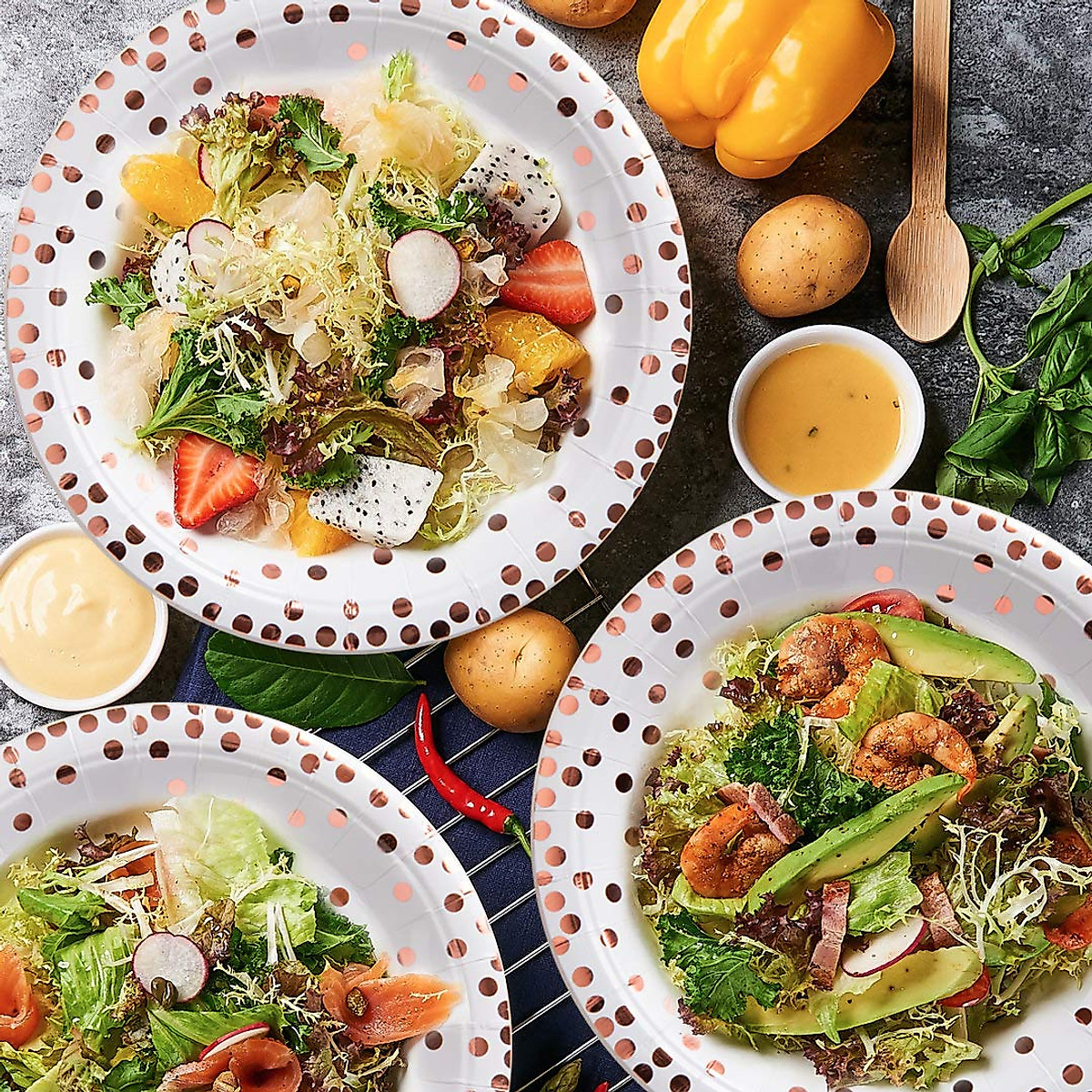 hapray 201PCS Disposable Paper Plates Rose Gold Party Supplies, Polka Dots Birthday and Baptism Decorations, include Cups, Napkins, Plastic Tablecloth, for Baby Shower