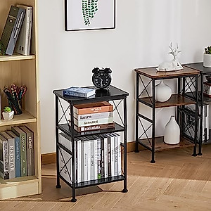 ruboka 3-Tier Small End Table, Small Side Table with Storage Shelf, Small Bookshelf with Metal Frame for Small Spaces, Nightstand, Bookcase, Display Rack for Bedroom, Living Room (Black)