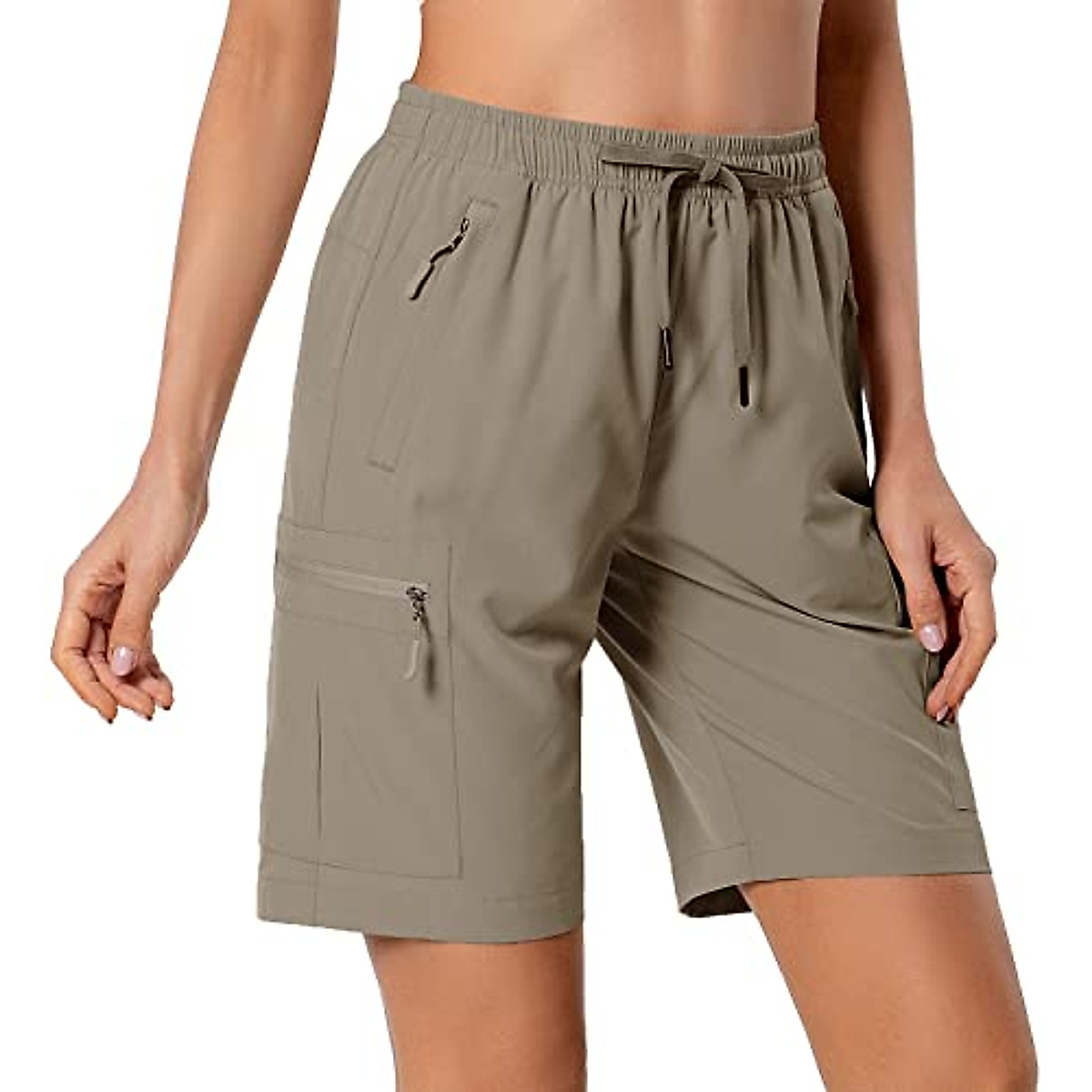 Women's Lightweight Hiking Cargo Shorts Quick Dry Athletic Shorts for Camping Travel Golf with Zipper Pockets Water Resistant Dark Khaki