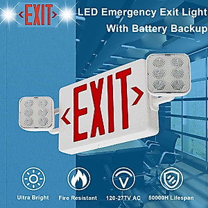 LED Exit Signs with Emergency Lights, Red LED Two Adjustable Head Emergency Exit Light with Backup Battery, AC 120V/277V, ABS Fire Resistant, UL Listed (1Pack)