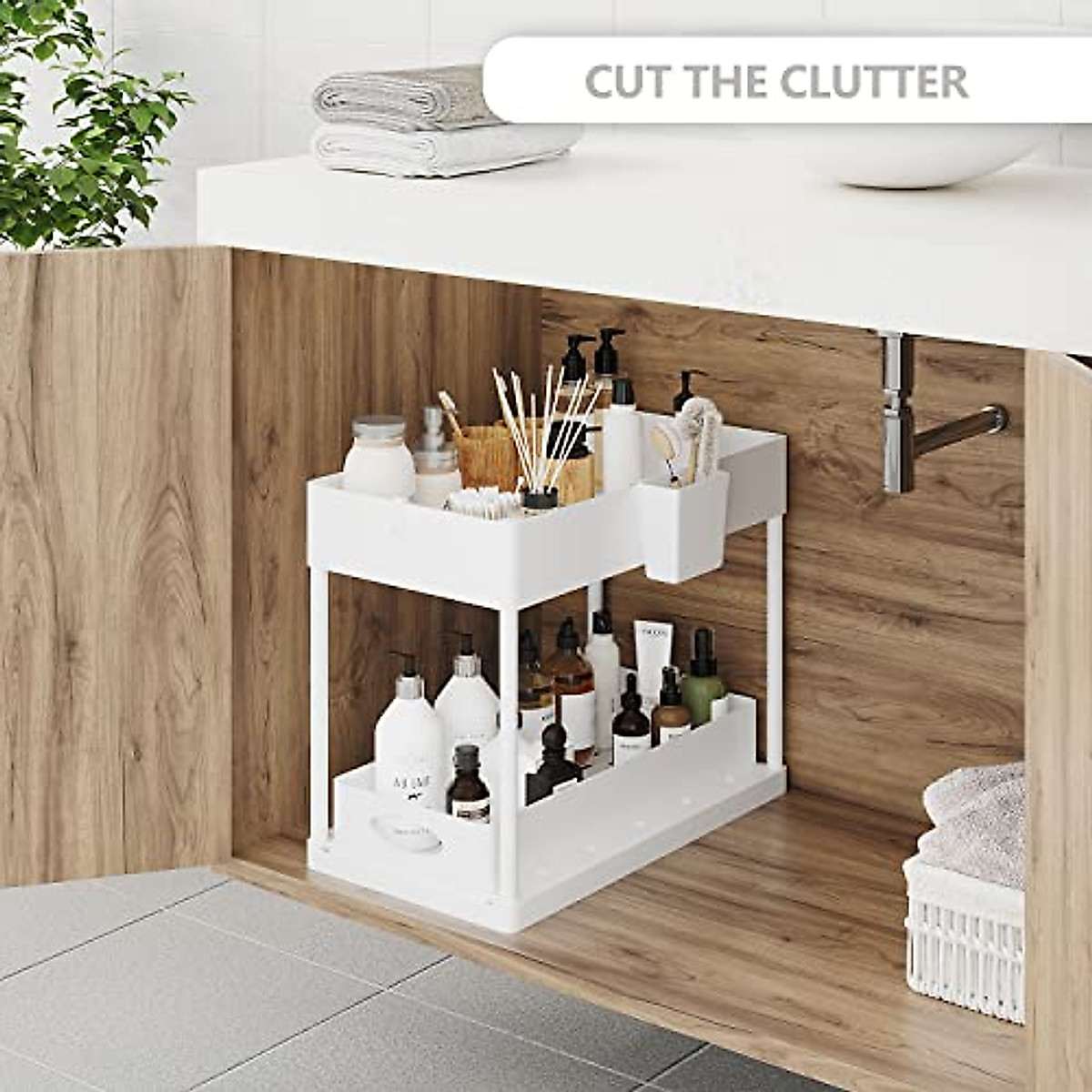 Under Sink Organizers and Storage, Bathroom Cabinet Organizer, Sink Shelf with Utility Hooks and Side Caddy for Under Cabinet Storage | Under Kitchen Sink Organizer with Sliding Drawer, White (1-Pack)