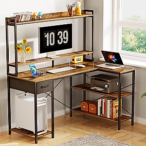 Seventable Gaming Desk with LED Light & Power Outlets, 47 inch Computer Desk with Shelves, Reversible L Shaped Desk with Monitor Stand, Corner Desk for Small Space, Rustic Brown