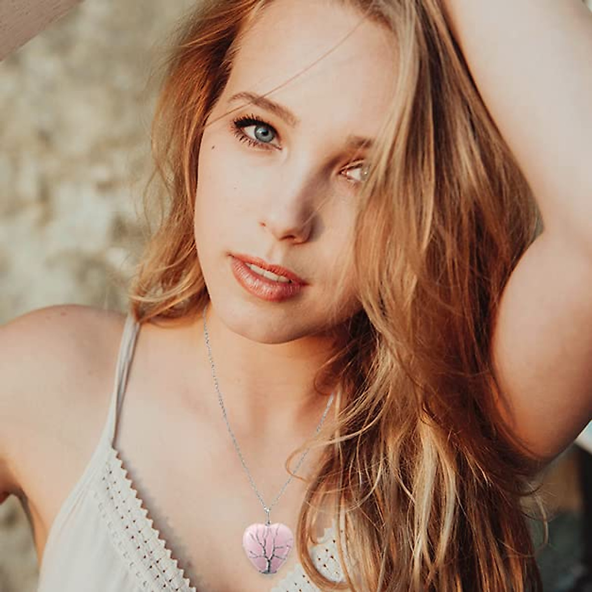 Top Plaza Natural Rose Quartz Healing Crystal Necklace Silver Life Tree Wire Wrapped Heart Shape Stone Pendant for Women Ladies Mothers Day Gifts