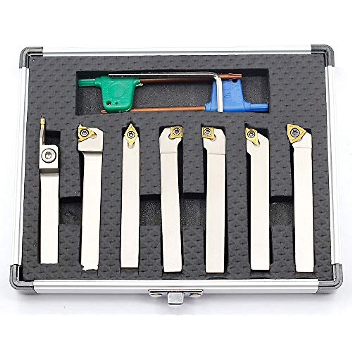 OSCARBIDE 3/8"Shank 7 Pieces/Set Nickel Plated Indexable Lathe Turning Tool Holder,CNC Heavy-Duty Metal Lathe Cutting Tools for Turning Grooving Threading with Tin Coated Carbide Inserts