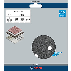 Bosch 2608605124 F355 Sanding Discs for Stone, Velcro Type, 6 Hole, 150mm, P80 Grit, Black, Pack of 5