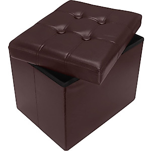 AmasSmile® Storage Ottoman Folding Foot Rest Stool, 17 inch Leather Footstool Bench, Short Ottoman Stool, Storage Foot Rest Store, Books, Records Support 330 lbs, Brown