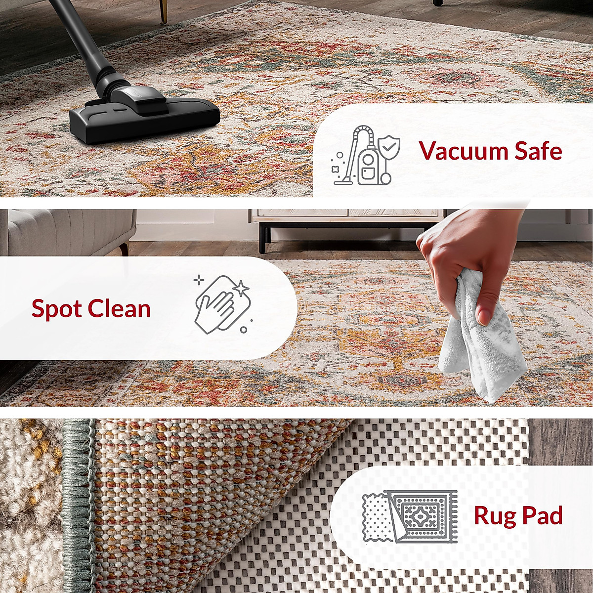 nuLOOM Performance Oriental Style Area Rug, Vintage Design, Durable, Easy to Clean, Justine Beige, 3' x 12'