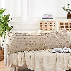 Herside Beige Body Pillow Cover Tufted Boho Body Pillow Pillowcases 20x54 Inches Long Pillow for Bed Decorative Pillow Case Stripes Tassel Jacquard Beige Pillowcase 1 Piece(Beige,Body)