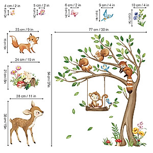 decalmile Woodland Animals Tree Wall Decals Deer Monkey Fox Squirrel Wall Stickers Kids Baby Nursery Bedroom Playroom Wall Decor
