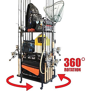 Rush Creek Creations, Fishing Rod Holder for 12-Rods, Fishing Pole Holder for Garage, for Fishing Gear, Pole, Rod, Tackle Box, Holistic Fishing Rod Storage, 12 Freshwater Rod Clips, Big Wheels, Black