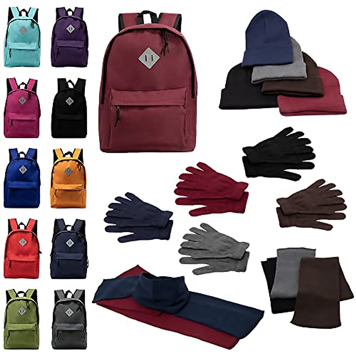 Bulk Case of 12 Backpacks and 12 Winter Item Sets - Wholesale Care Package - Emergencies, Homeless, Charity