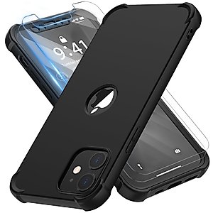 iPhone 12 Mini Case, ORETech Heavy Duty Shockproof Cover with 2 Tempered Glass Screen Protectors - 5.4" Black