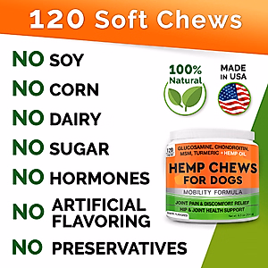 GOODGROWLIES Hemp Hip & Joint Supplement for Dogs - Made in USA - Glucosamine - MSM - Turmeric - Hemp Seed Oil Infused Treats - Natural Joint Pain Relief & Mobility - 120 Soft Chews