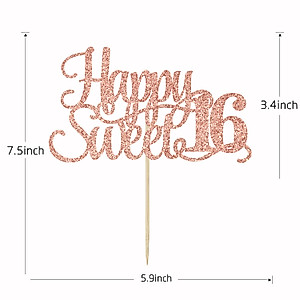 YotaWish Rose Gold Glitter Happy Sweet 16 Cake Topper - Happy 16th Birthday Cake Decor - Hello 16, Cheers to 16 Years Birthday Party Decoration Supplies