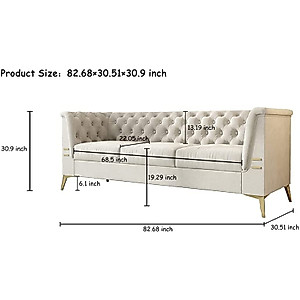 kevinplus Velvet Chesterfield Sofa Couch for Living Room, Modern Tufted 3-Seat Upholstered Sofa Couch for Apartment Bedroom Dorm Office Studio, Gold Metal Legs, Beige