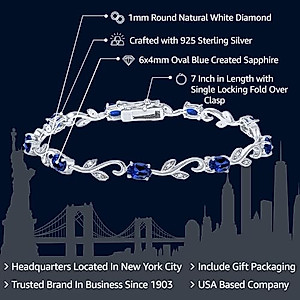 Gem Stone King 925 Sterling Silver Created Sapphire and Diamond Greek Vine Tennis Bracelet For Women (9.13 Cttw, Oval 6X4MM, 7 Inch)