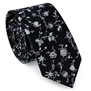 YourTies Floral Skinny Ties for Men Causal Cotton Black Flower Printed Necktie and Pocket Square Set Wedding Party