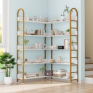 5-Tier Gold Bookcase, L-Shape Corner Bookshelf White & Gold, Modern Display Shelf Book Shelves with Adjustable Foot, Freestanding Storage Shelves for Home Office Use