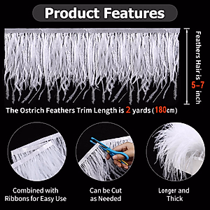 Soarer White Ostrich Feather Trim - 2Yards 5-7inch Feathers Fringe Trim for DIY Sewing Clothing,Wedding,Christmas Home Party(White)