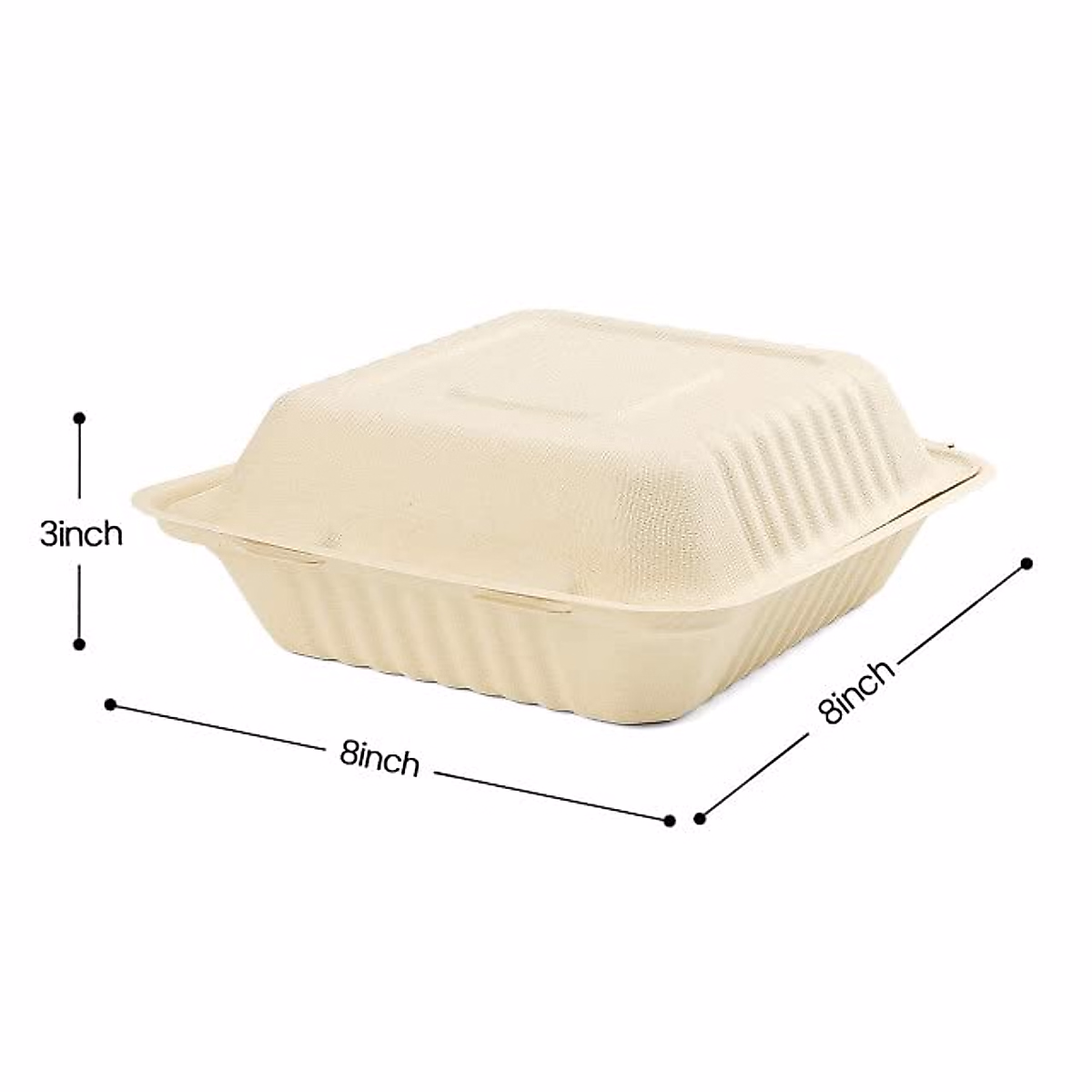Pony Packaging 8X8 50-Pack 100% Compostable Clamshell Take Out Food Containers, Heavy-Duty Quality to go Containers, Natural Disposable Bagasse, Eco-Friendly Biodegradable Made of Sugar Cane Fibers