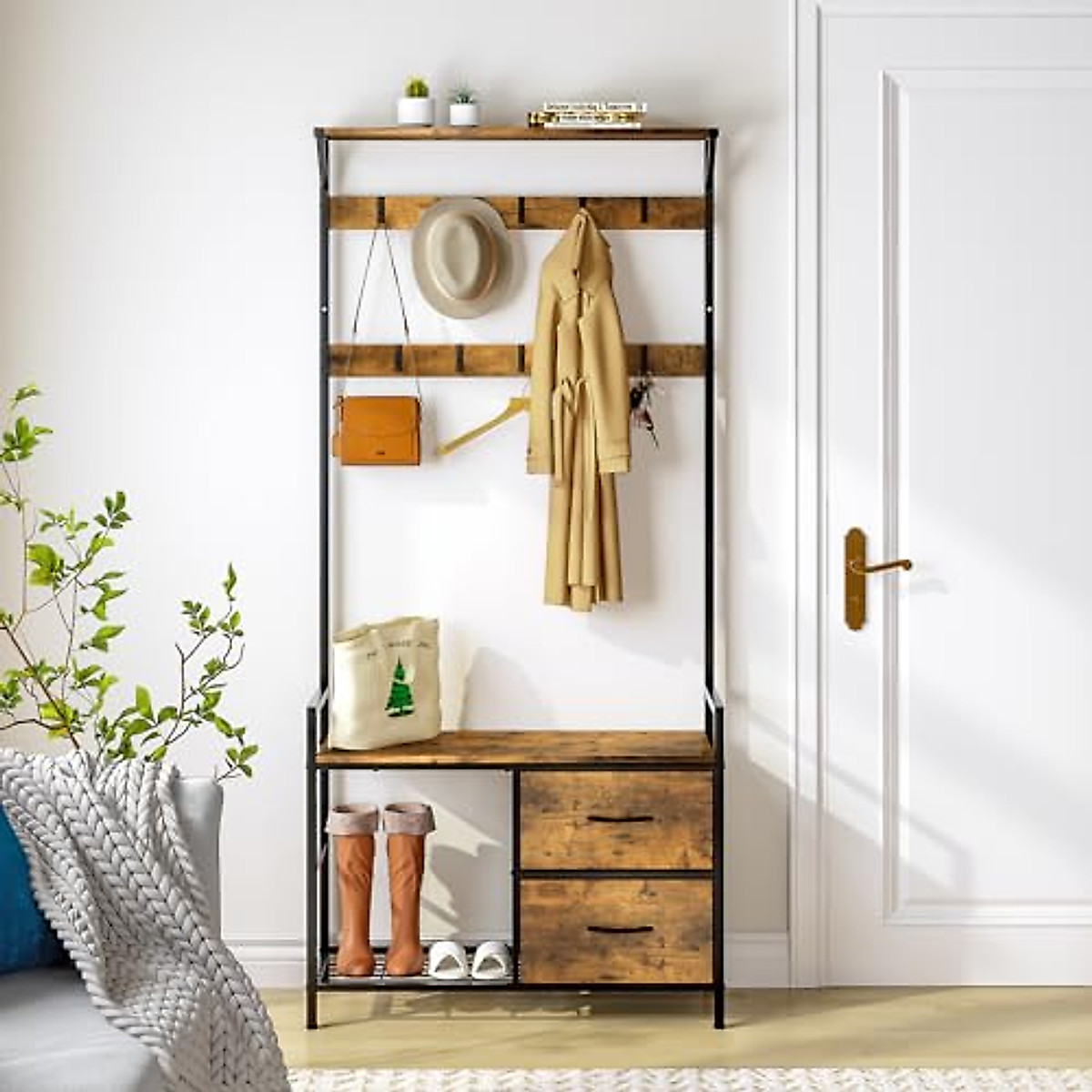 aboxoo Hall Tree with Storage Bench, Coat Rack, 2-Tier Shelves, Fabric Storage Basket, 10 Hooks, Industrial 5 in 1 Large Organizer, Wood Look Accent Furniture-Sturdy Metal Frame (Rustic Brown)