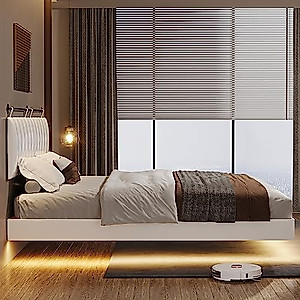 Hasuit King Floating Bed Frame with Led Light, Modern Inspired King Size Bed Platform, Vegan Leather Upholstered Wall Mounted Headboard, No Box Spring Needed, Noise Free, Easy Assembly