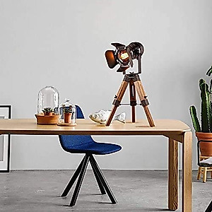JUNOLUX Farmhouse Vintage Adjustable Cinema Tripod Wood Table Lamp - Nautical Industrial Black Retro Style Spotlights Searchlights Wooden Standing Lamp Cinema Movie Props-for Living Room Bedroom