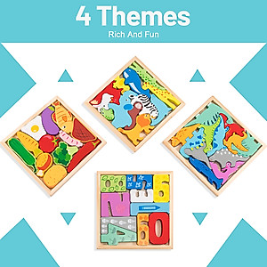 XJYQJD Dinosaur Sorting & Stacking Toys for Toddlers 1-3, Wooden Dinosaur Blocks Puzzles for Kids 2-4 Multi-Theme Animals Fruits Numbers Jigsaw Puzzles Montessori Educational Learning Toys (4 Pack)