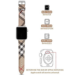 Designer Band Compatible with Apple Watch 41mm 40mm 38mm, Luxury Beige Plaid Elements Soft Leather iWatch Band with Classic Firmly Buckle for iWatch Series9/8/7/6/5/4/3/2/1/SE for Women/Man