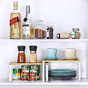 NEX Bamboo Kitchen Cabinet and Counter Shelf Organizer, Stackable & Expandable, White and Natural