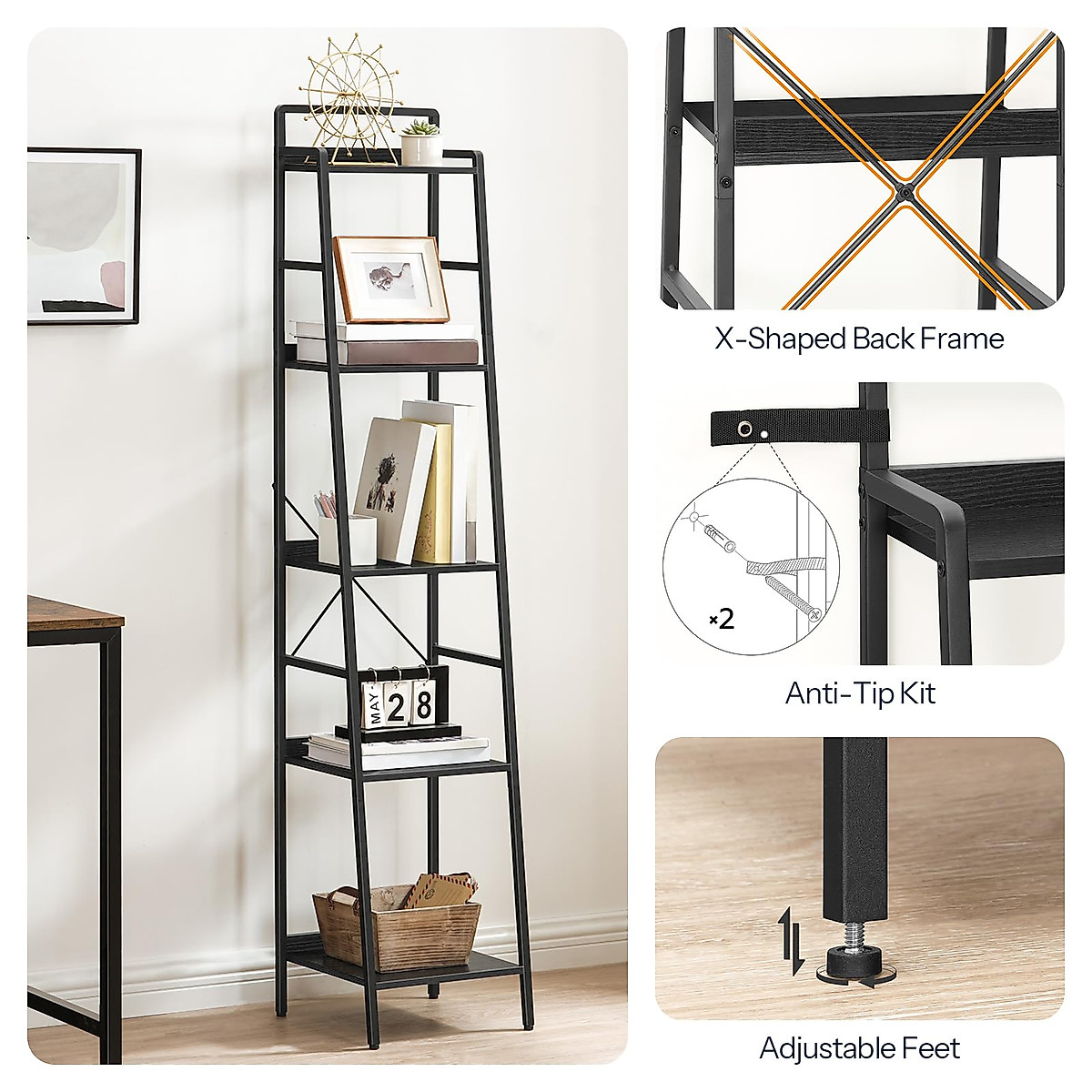 HOOBRO 5-Tier Ladder Shelf, Narrow Bookshelf, Industrial Bookcase, Skinny Bookshelf for Small Spaces, Corner Storage Shelf for Home Office, Living Room, Black BB35SJ01