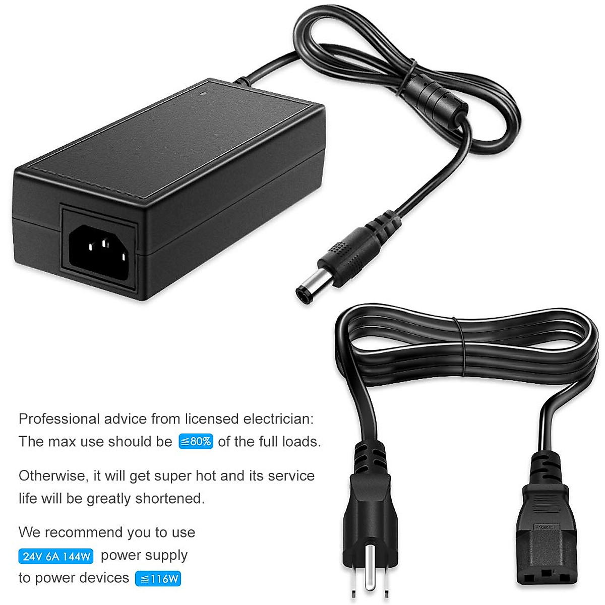 SHNITPWR 24V Power Supply 6A 144W AC/DC Adapter 100V~240V AC to DC Converter 24volt 6amp 5.5A 5A 4A 3A Transformer with 5.5x2.5mm Tip for 5050 3528 LED Strip Light 3D Printer CCTV Camera LCD Monitor
