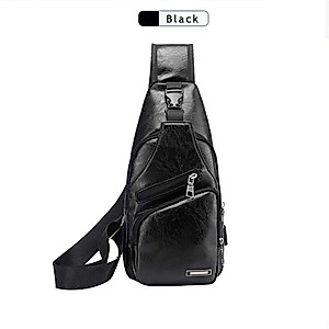 JUMO CYLY Leather Sling Bag with USB Charging Port Large Mens Crossbody Shoulder Bag Travel Sling Chest Bag (Small Black)