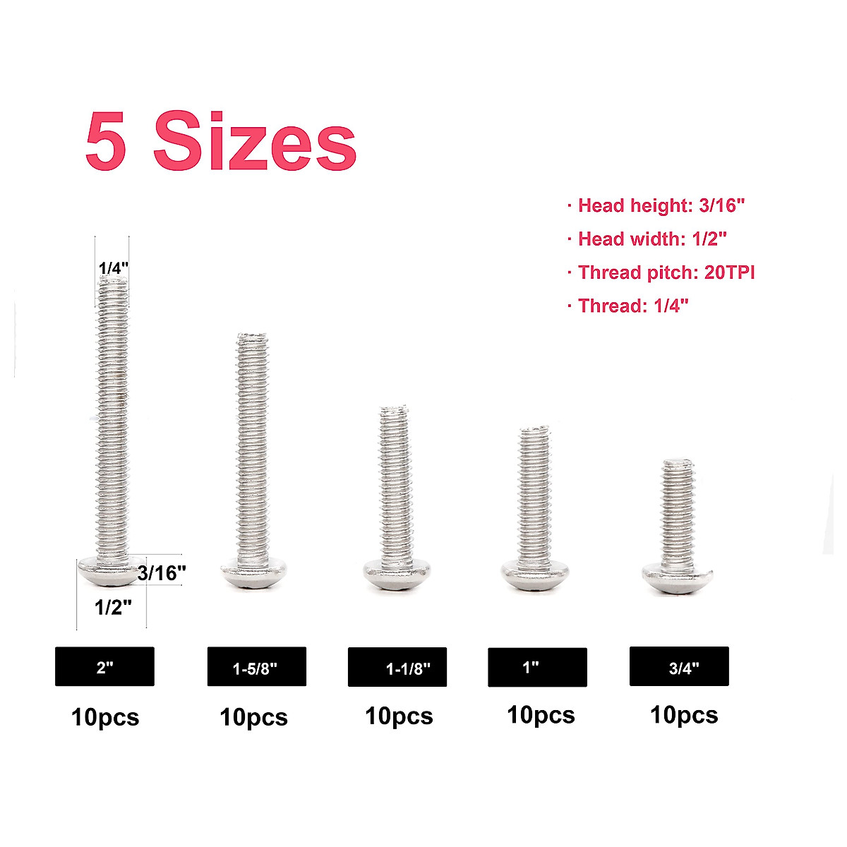 binifiMux 50pcs 1/4-20 Inch Round Head Phillips Machine Screws Assortment Kit, 304 Stainless Steel Silver Tone, 1/4 x 3/4,1,1-1/8,1-5/8,2 Inch