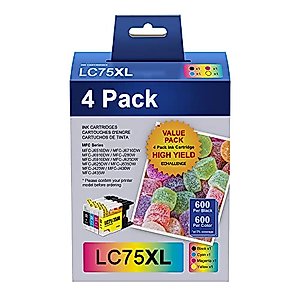 LC75XL High Yield Compatible Ink Cartridge Replacement for Brother LC75 LC71 LC79 XL Ink cartridges to Use with MFC-J6510DW MFC-J6710DW MFC J6910DW J280W (1 Black, 1 Cyan, 1 Magenta, 1 Yellow) 4 Pack