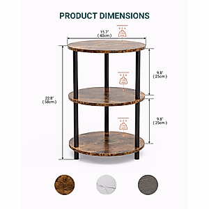RISWER Round Side Table Living Room - Small Accent Table with 3 Tier Shelves, Rustic Wooden Couch End Table for Bedroom or Living Room, Reinforced Metal Legs, Easy to Assemble, Rustic Brown