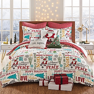Levtex Home - Santa Claus Lane Duvet Cover Set - King Duvet Cover (106x94in.) + Two King Pillow Cases (36x20in.) - Christmas Script - Red, Teal and Green - Polyester